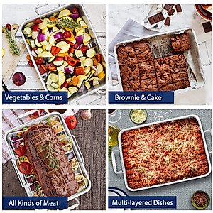 16” Roaster Roasting Pan with Baking Rack and V-shaped Rack, P&P CHEF Stainless Steel Rectangular Lasagna Pan with Handles for Turkey Chicken, Heavy Duty & Healthy & Dishwasher Safe, 3 Pieces