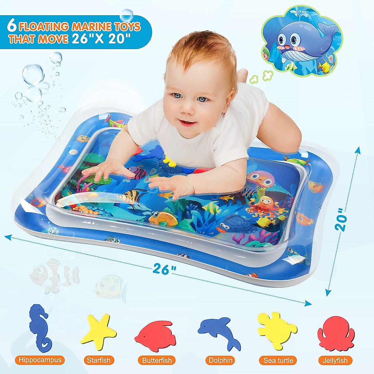 Infinno Tummy Time Mat Premium Baby Water Play Mat for Babies, Baby Toys for 3 to 24 Months, Blue Whale Style and Mermaid Style