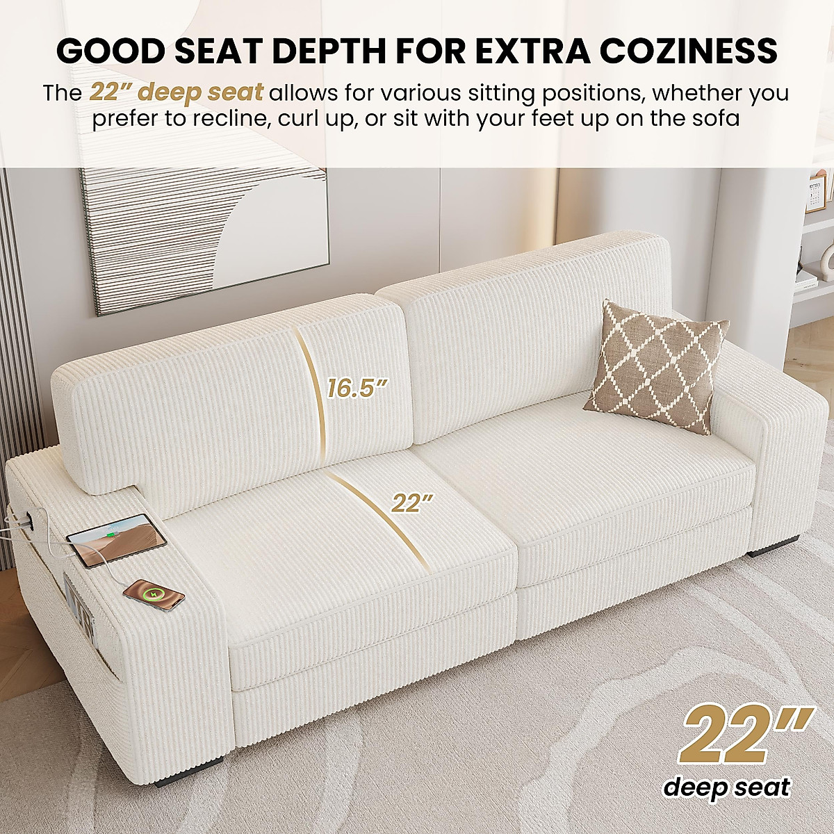 Yaheetech 83.5" W Modern Sofa Couch 2 Seater Corduroy Fabric Sofa with USB Charging Ports & Side Storage Pockets for Living Room Apartment, Ivory