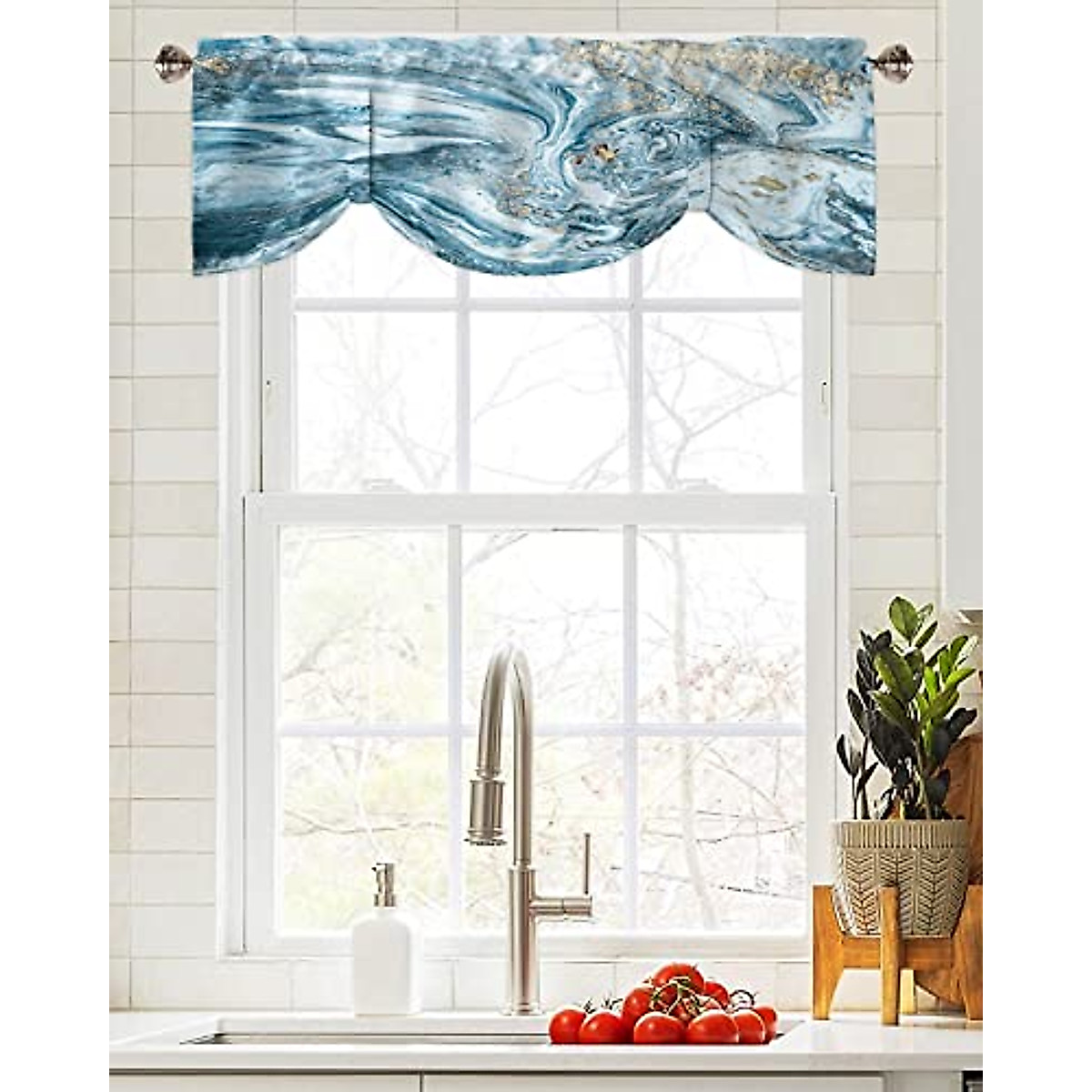 Segard Tie Up Valance for Windows,Marble Liquid Abstract Art Kitchen Valances Adjustable Rod Pocket Window Shade Valance,Blue White Gold Gradient Short Curtains Window Treatment for Bedroom 60x18in