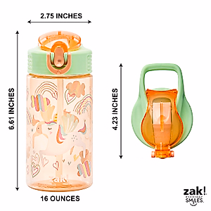 Zak Designs Kids Water Bottle For School or Travel, 16oz Durable Plastic Water Bottle With Straw, Handle, and Leak-Proof, Pop-Up Spout Cover (Unicorn)