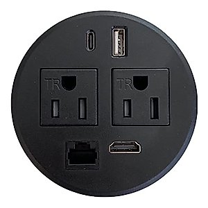 Round Desktop Conference Room Power Grommet Outlet, FITS 3 1/8" - 3 1/4" 2 (TR) AC Outlets, 2 USB Charging Ports, 1 CAT 6, 1 HDMI, ETL Listed (DC-8689-Black)