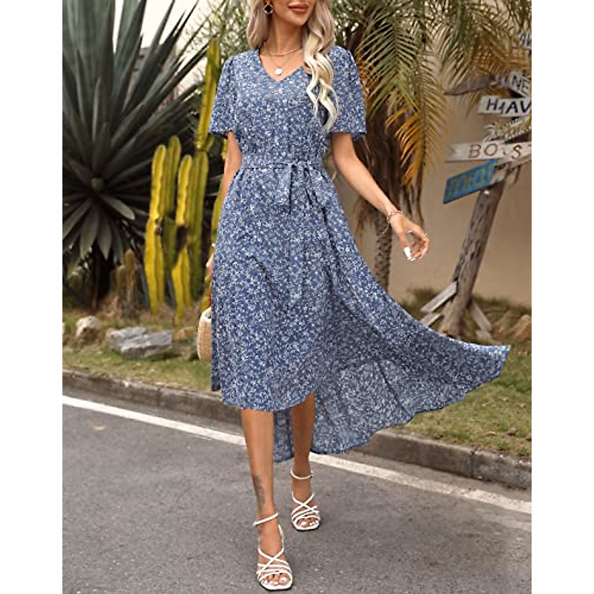 Maggeer 2023 Womens Casual Summer Dresses Short Sleeve Cute V Neck Ruffle Boho A Line High Low Flowy Swing Beach Modest Floral Maxi Dress with Pockets Dusty Blue XL