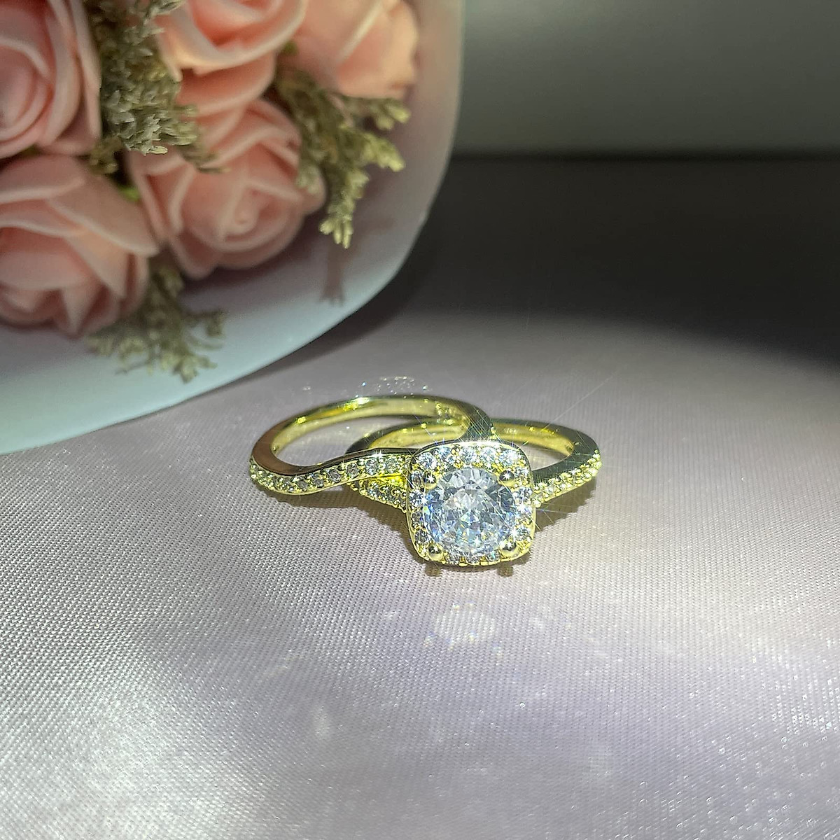 YOYEEWYNS 18K Gold Halo Wedding Bands Engagement Promise Rings for Women Two-in-One Cubic Zirconia Eternity Bridal Set Size 6