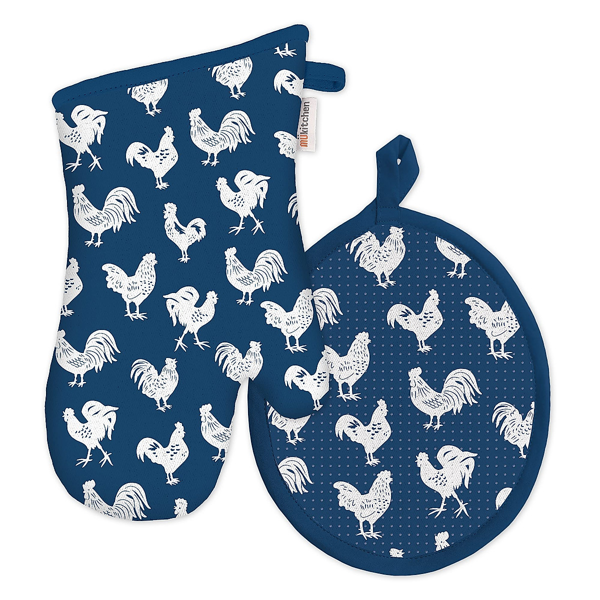 MÜkitchen | Oven Mitt and Potholder are 100% Cotton | Durable and Heat Resistant Cooking and Kitchen Accessories for Handling Hot Pans and Pots | Coordinating Set of 2 Each | Blue Rooster