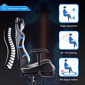 Gaming Chair PU Leather Racing Chair with Footrest, High Back Recliner Swivel Office Chair Headrest Ergonomic Lumbar Support Desk Chair, Executive Task Computer Chairs, White