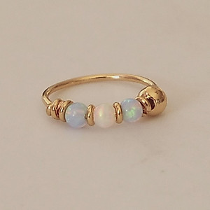 Handmade Gold Single 10MM Cartilgae Helix Piercing Hoop Earring with Trio Blue&White Opal, Gold Plated over Sterling Silver Very Small Thin 22Gauge Hoop for women, By Miya Jewelry Creations