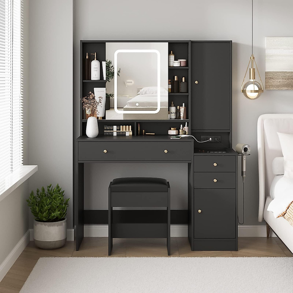 Vabches Vanity Desk with Mirror and Lights, Vanity Table Makeup Vanity with Lights 3 Drawers and Cabinets, Charging Station & Sliding Door, Lots Storage Shelves