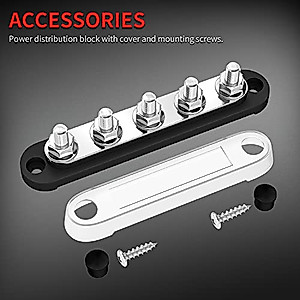 DaierTek 12V Power Distribution Block 5 x 5/16" (M8) Terminal Studs 12V Bus Bar with Cover Max 300V AC 48V DC Positive & Negative Battery Distribution Block for Automotive Car Boat