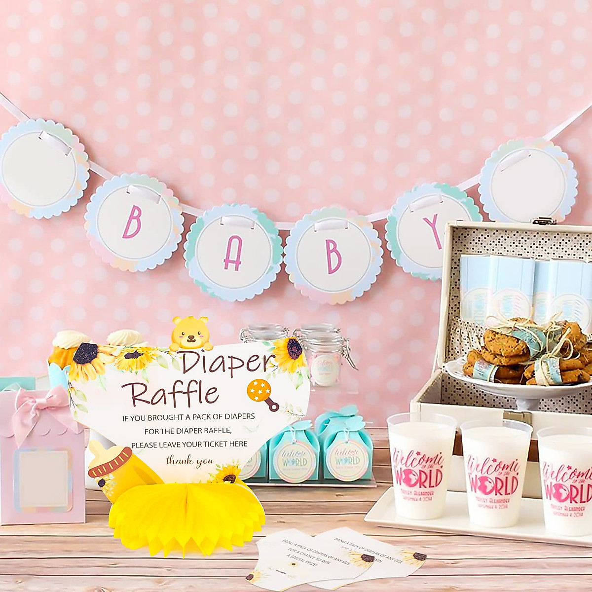 Luiqs Vens Sunflower Diaper Raffle Sign with 50Pcs Diaper Shaped Raffle Ticket Insert Bring a Pack of Diapers Game Kit Sunflower Lottery Insert Cards for Baby Shower Birthday Gender Reveal Party