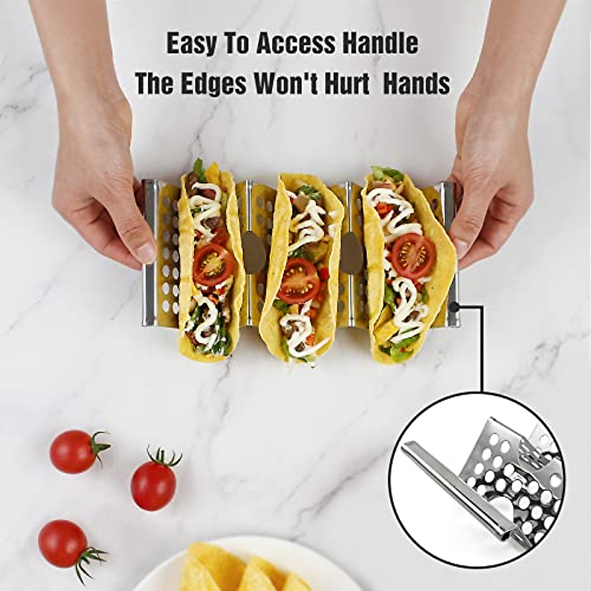 4 Pack Stainless Steel Taco Holders, Premium Taco Stands, Holds 2 Or 3 Tacos Each Taco Tray, Taco Rack With Easy-Access Handle, Food Grade Taco Plate Shells Oven & Grill Safe, BPA Free(Hollow)