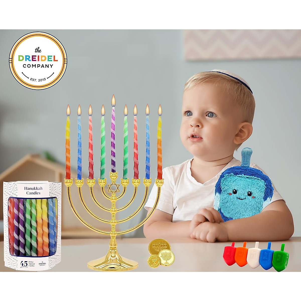 The Dreidel Company Deluxe Twisted Hanukkah Menorah Candles for All 8 Nights of Chanukah, Multicolor (Single)