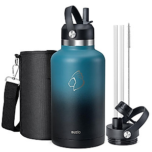 BUZIO 64oz Water Bottle Insulated, Half Gallon Stainless Steel Water Jug with Straw Lid and Carrying Pouch, Leak Proof Double Wall Thermo Water Flask Metal Canteen for Gym Sport Camping, Indigo Crush