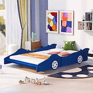SOFTSEA Full Size Car-Shaped Platform Bed, Solid Wood Platform Bed with Wheels for Kids Boys Girls, No Box Spring Needed, Without Headboard, Blue