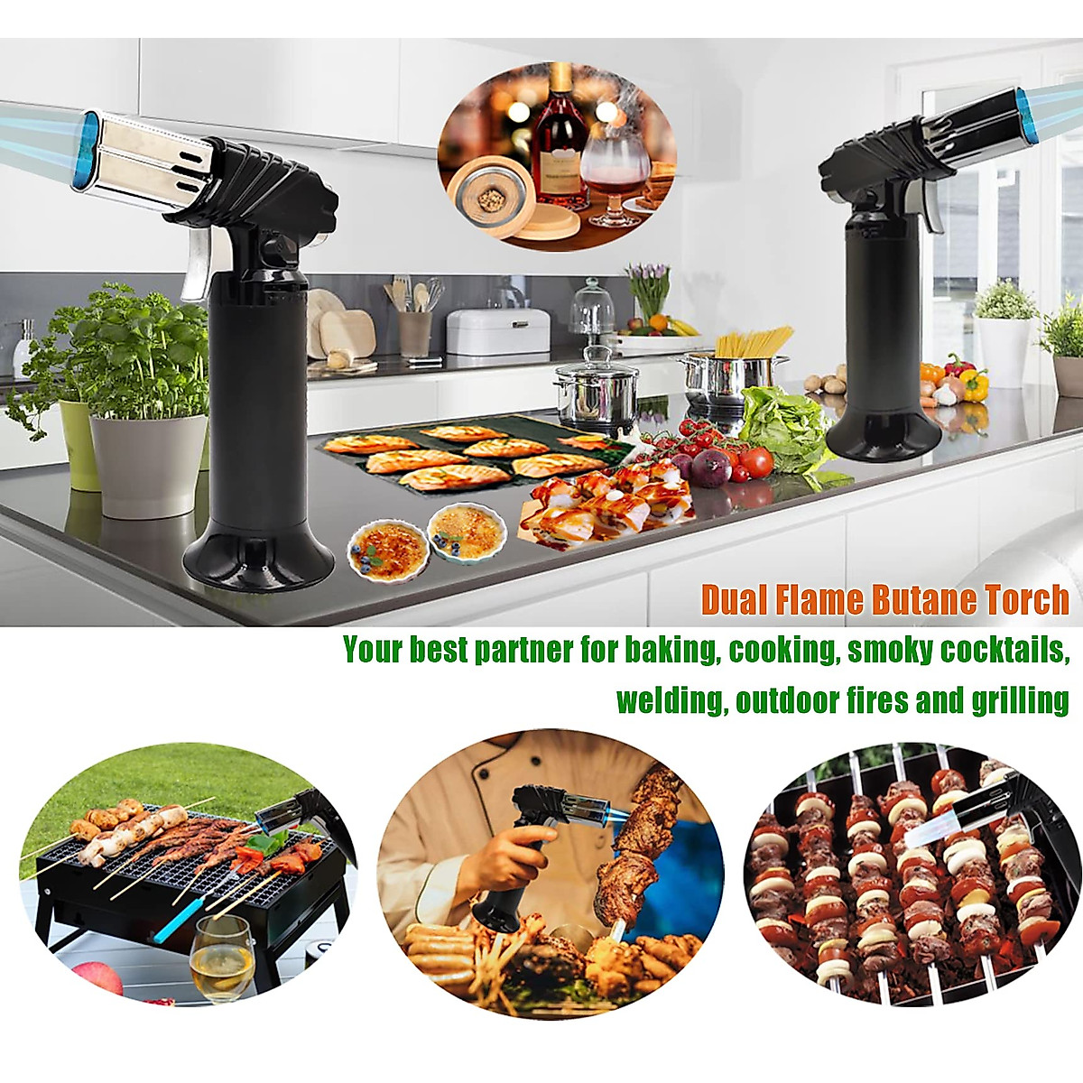 Double flame Butane Torch Without Butane Fuel, Refillable Kitchen Torch Lighter, Cooking Torch with Safety Lock Adjustable Flame, BBQ Baking Tools for Desserts Creme Brulee, diy soldering and camping