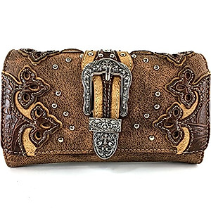 Justin West Tooled Laser Cut Leather Floral Embroidery Rhinestone Buckle Studded Concealed Tote Handbag Purse (Brown Wallet)