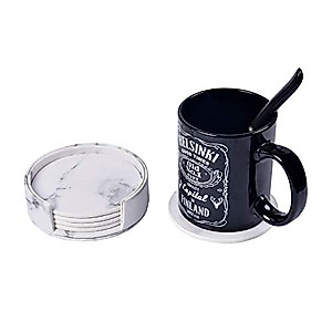 WAYIFON Coasters for Drinks, 6 PCS Premium PU Leather Coaster, Heat Resistant Drink Coaster with Holder - Protect Table from Stains Water Rings and Damage - Housewarming Gift - Marble White Pattern