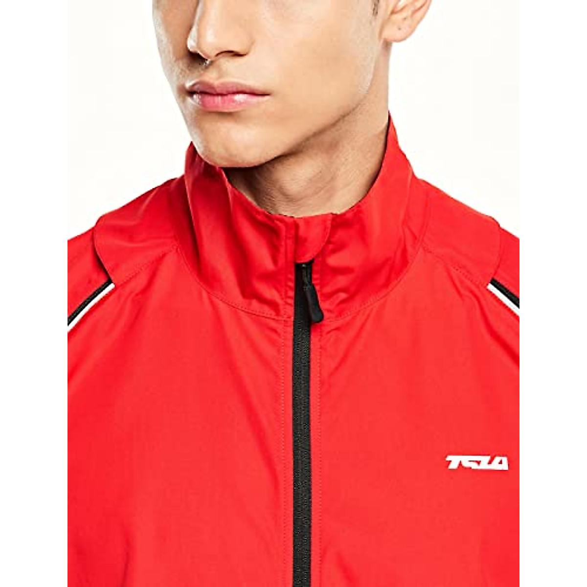 TSLA Men's Cycling Jacket with Removable Sleeves, Reflective Vest Windbreaker, Lightweight Waterproof Running Jackets, Cycling Red, Small