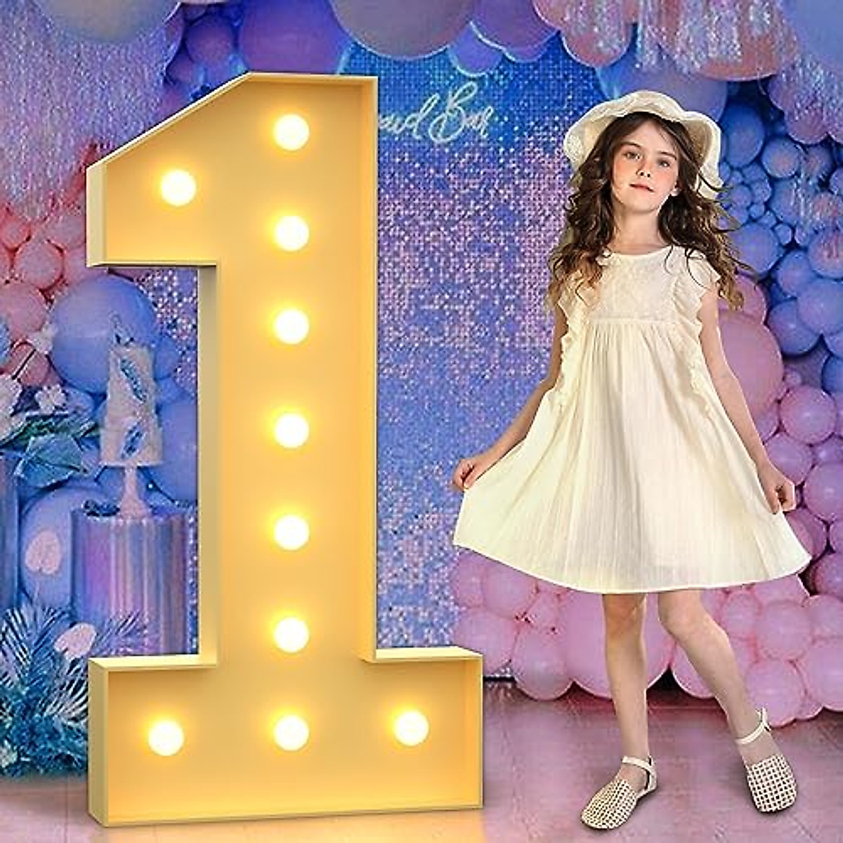 4FT Giant Marquee Light Up Numbers, Big Marquee Numbers 1 for 1st 16th 21st Birthday Decorations, Large Light Up Numbers for Party Decor Anniversary, Pre-cut Foamboad Mosaic Numbers Letters Balloons