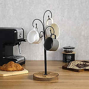 MyGift Black Metal Coffee Mug Holder for Counter, Mug Tree Stand with 4 Curved Hook Arms and Brown Wood Base