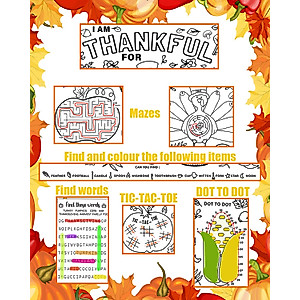 Thanksgiving Place Colouring Mats for Kids 12 Sheet Disposable Turkey Paper Place Mat 11”x 17” Fall Thanksgiving Table Mat for Children Birthday Party