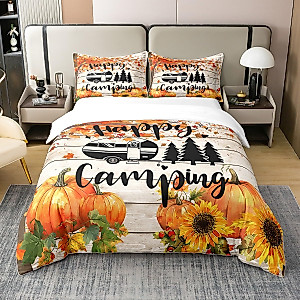 Happy Camping 100% Cotton Queen Duvet Cover Watercolor Orange Maple Leaves Pumpkin Bedding Set for Kids Teens Adults Retro Sunflowers Retro Wooden Stripes Comforter Cover,2 Pillowcases,No Comforter