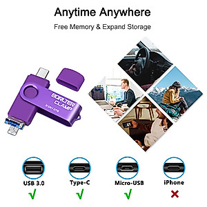 256GB 3 in 1 USB 3.0 Flash Drive Photo Stick for Android Phones, BorlterClamp OTG Memory Stick with 3 USB Ports (USB C, microUSB, USB A) for Samsung Galaxy, LG, Tablets, PC and More, Purple