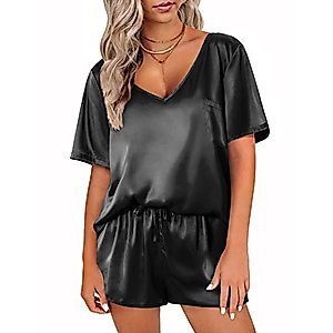 Ekouaer Womens Silk Pajamas Set Satin Sleepwear Short Sleeve Pjs Two Piece Sleep Set (Black,M)