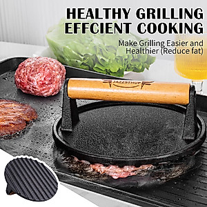 Jazzsthup Smash Burger Press, 6.88" Round Bacon Press with Wood Handle, Perfect Hamburger Press Patty Maker, Food-Grade Cast Iron Burger Smasher for Griddle incl. 20Pcs Patty Paper
