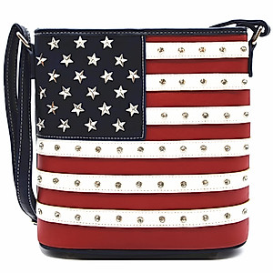 WESTERN ORIGIN American Flag Stars and Stripes Rhinestone Studs Crossbody Handbag USA Patriotic Women Purse Leather Single Shoulder Bag (Red White Blue)