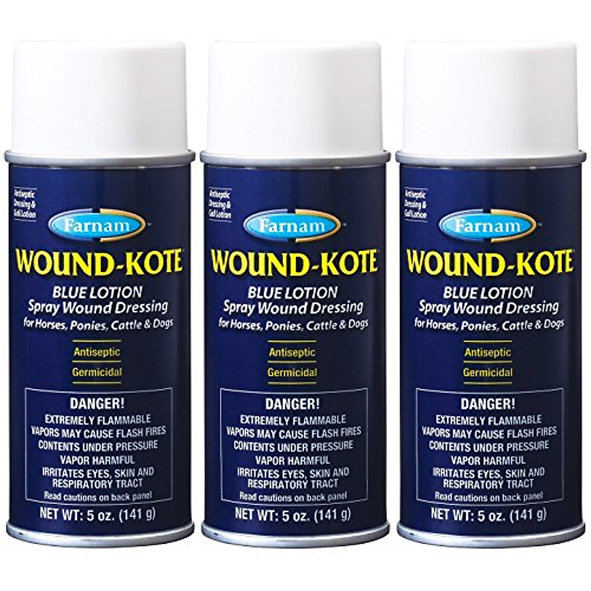 Farnam 3 Pack of Wound-Kote, 5 Ounces each, Blue Lotion Spray Wound Dressing for Horses Ponies Cattle and Dogs