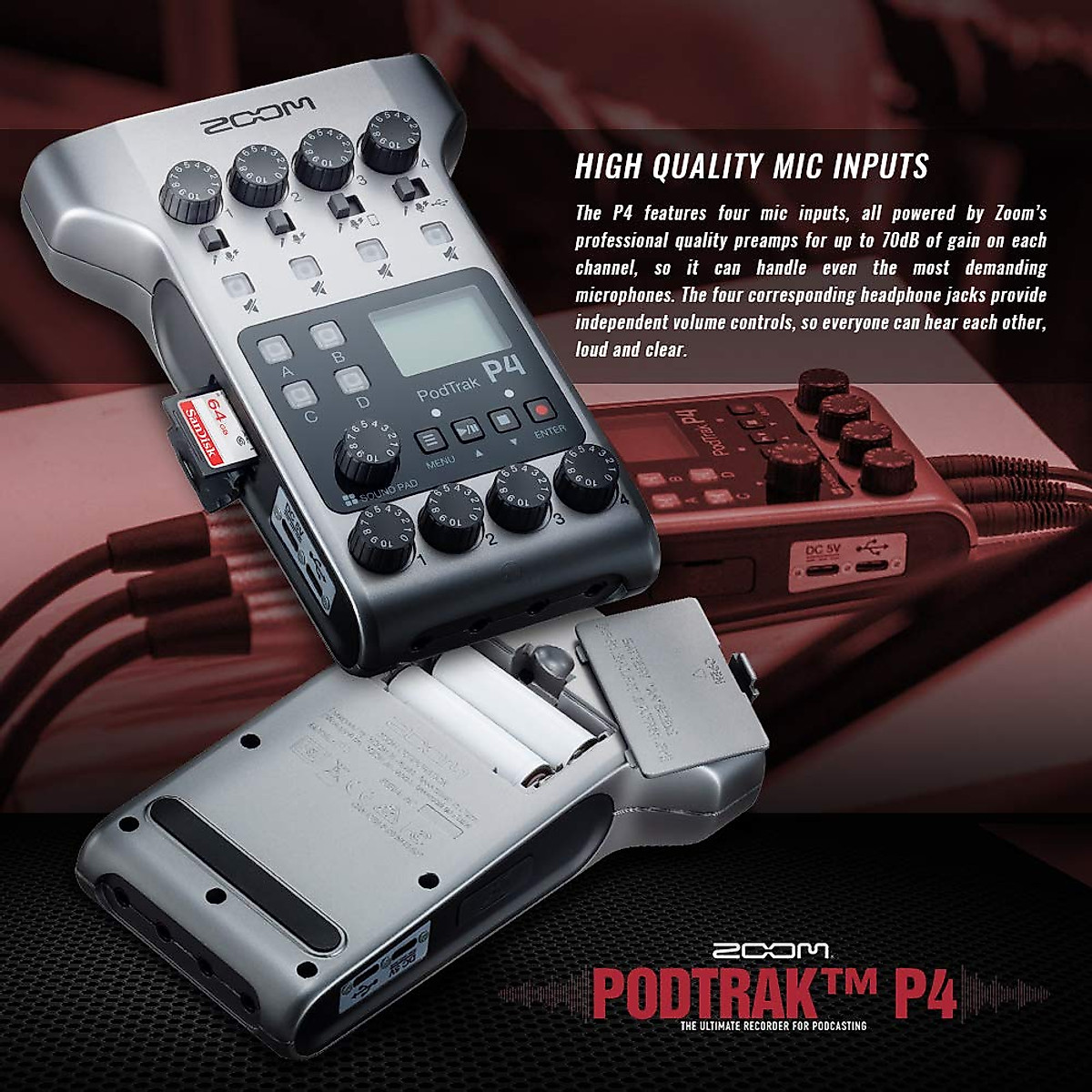 Zoom PodTrak ZP4 Podcast Recorder Audio Interface has 4 Mic Inputs, 4 Headphone Outputs plus a Basic Accessories Bundle Including a Samson SR360 Headphones a Memory Card and more