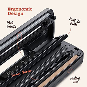 Superior Vacuum Sealer Machine, Food Sealer with Built-in Cutter with Dry, Gentle, Moist, Cycles. for Food Packing, Preservation, Sous-Vide, Starter Kit Includes 5 Bags 8x10", Roll 8x118", Sealer Hose