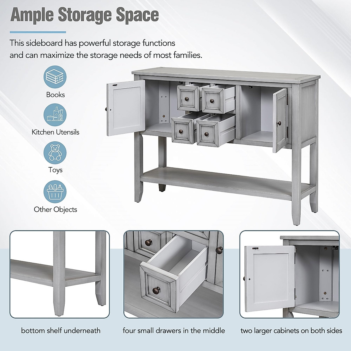 Harper & Bright Designs Buffet Table Kitchen Storage Buffet and Sideboard Console Tables with Four Storage Drawers Two Cabinets and Bottom (Antique Grey)