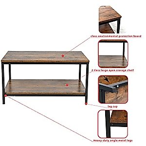 SENIG Coffee Table, Small Coffee Table for Living Room, Coffee Tables with Storage Shelf，Brown Coffee Tables for Small Spaces, Rectangle Wood Table Metal Side End Table, Center Table for Living Room