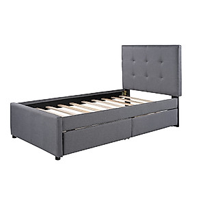 HZSSDTKJ Twin Size Linen Upholstered Platform Bed with Headboard and 2 Storage Drawers, Wooden Daybed Frame with Slat Support for Kids Teens Girls Boys Adults, No Box Spring Needed (Gray-04, Twin)