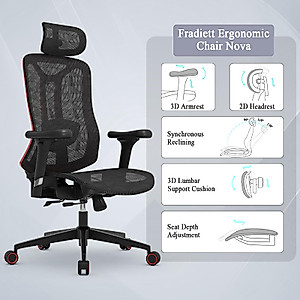 Fradiett Ergonomic Mesh Office Chair - Computer Chair with 3D Lumbar Support, Seat Depth Adjustable Desk Chair with Headrest, 3D Armrest, Ergonomic Gaming Chair for Home Office,Tilt Function