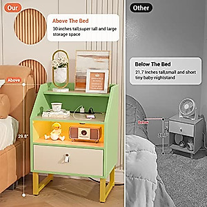 Cyclysio Nightstand with Charging Station and LED Light, 30 Inches Tall Night Stand with Top Baffle,Super Large Storage Space Bedside Tables for Bedroom, Sofa Side