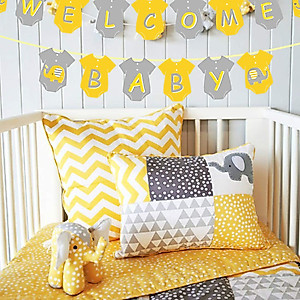JOYMEMO Yellow Grey Elephant Baby Shower Decorations Neutral for Boy or Girl, Welcome Baby Banner Elephant Garland Confetti Balloons for Gender Neutral Baby Decor
