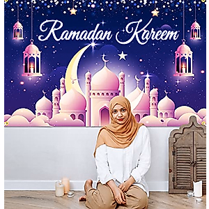 JKQ Ramadan Kareem Backdrop Banner 71 x 43 Inch Muslim Ramadan Background Banner Lantern Moon Castle Islamic Eid Mubarak Festival Party Decorations Ramadan Mubarak Indoor Outdoor Photo Booth Props