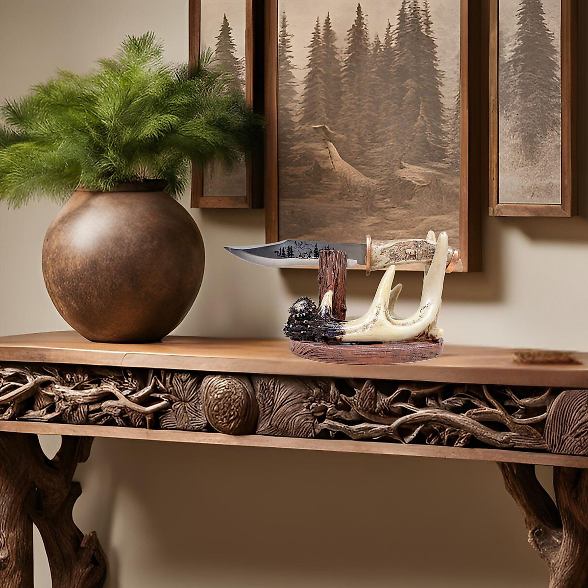 BestGiftEver Carved Handle Decorative Deer Buck Blade Knife with Faux Antler Display Stand Hunting Cabin Home decoration