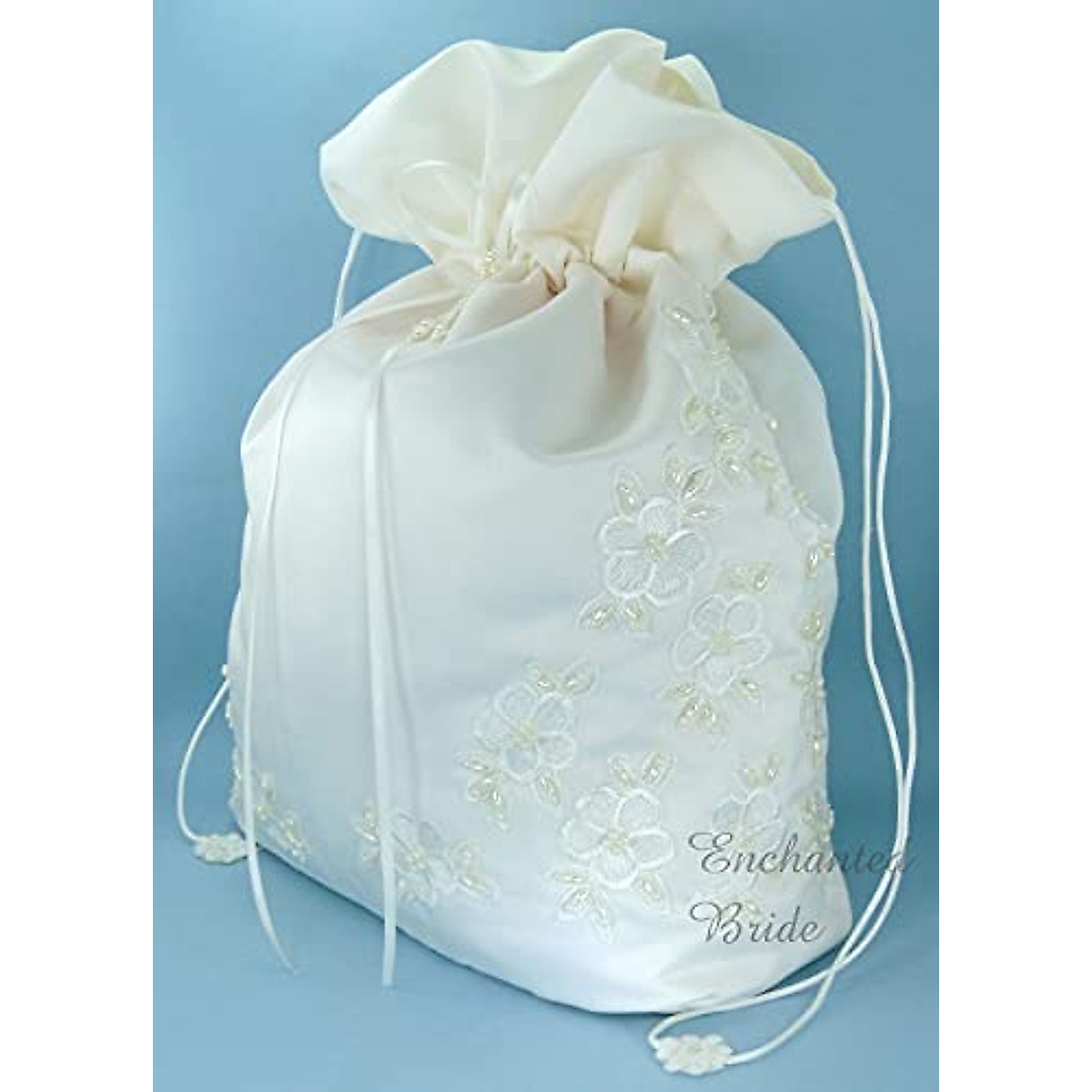 ENCHANTED BRIDE Satin Bridal Wedding Money Bag (#E1D4MBiv) in LARGE Size with Pearl-Embellished Floral Lace for Receiving Envelopes and cards, Bridal Purse, and Other Special Occasions
