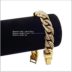 Aiyo Nice Mens Womens Cuban Link Bracelet Hip Hop Bracelet Gold Chain Bracelet Iced Out Curb Cuban 18k Gold Plated Bracelet With Clear Rhinestones (A-Gold-7.79in)