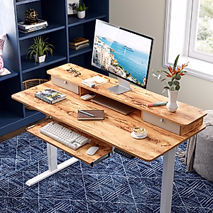 CubiCubi 55 x 24 Inches Large Height Adjustable Desk with Storage Shelf, Electric Standing Desk with Keyboard Tray, Ergonomic Workstation for Home Office, Light Rustic Brown Top