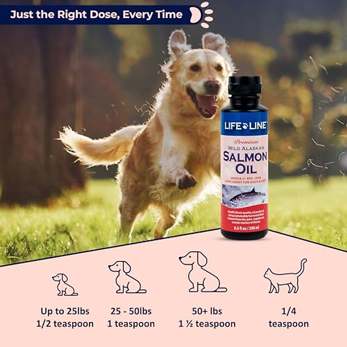 Life Line Pet Nutrition Wild Alaskan Salmon Oil Omega-3 Supplement for Skin & Coat – Supports Brain, Eye & Heart Health in Dogs & Cats, 8oz