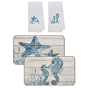 UINHMOP 17''x30'' Marine Life Ocean Animal Pair of Starfish Seahorse Decorative Doormat and 16''x24'' Kitchen Towels Dishcloths Hand Towels(2 Doormats + 2 Towels),Sea Lovers Gifts