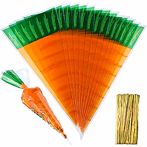 Boao 200 Counts Easter Carrot Patterned Cone Cellophane Bags Treat Goody Bags with 200 Pieces Gold Twist Ties for Easter Party Favor