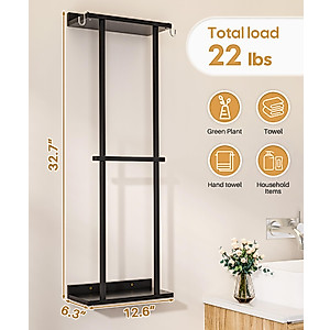 Cozivolife Bamboo Towel Rack for Bathroom with 2 Hooks, 32.7 inch with Shelf Wall Mounted Towel Storage Organizer, Large Capacity Towel Holder for Bathe Towels and Hand Towels (Black)