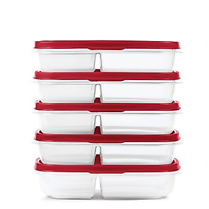 Rubbermaid EasyFindLids Meal Prep Containers, 3 Compartments, 5.1 Cup, 5 Pack