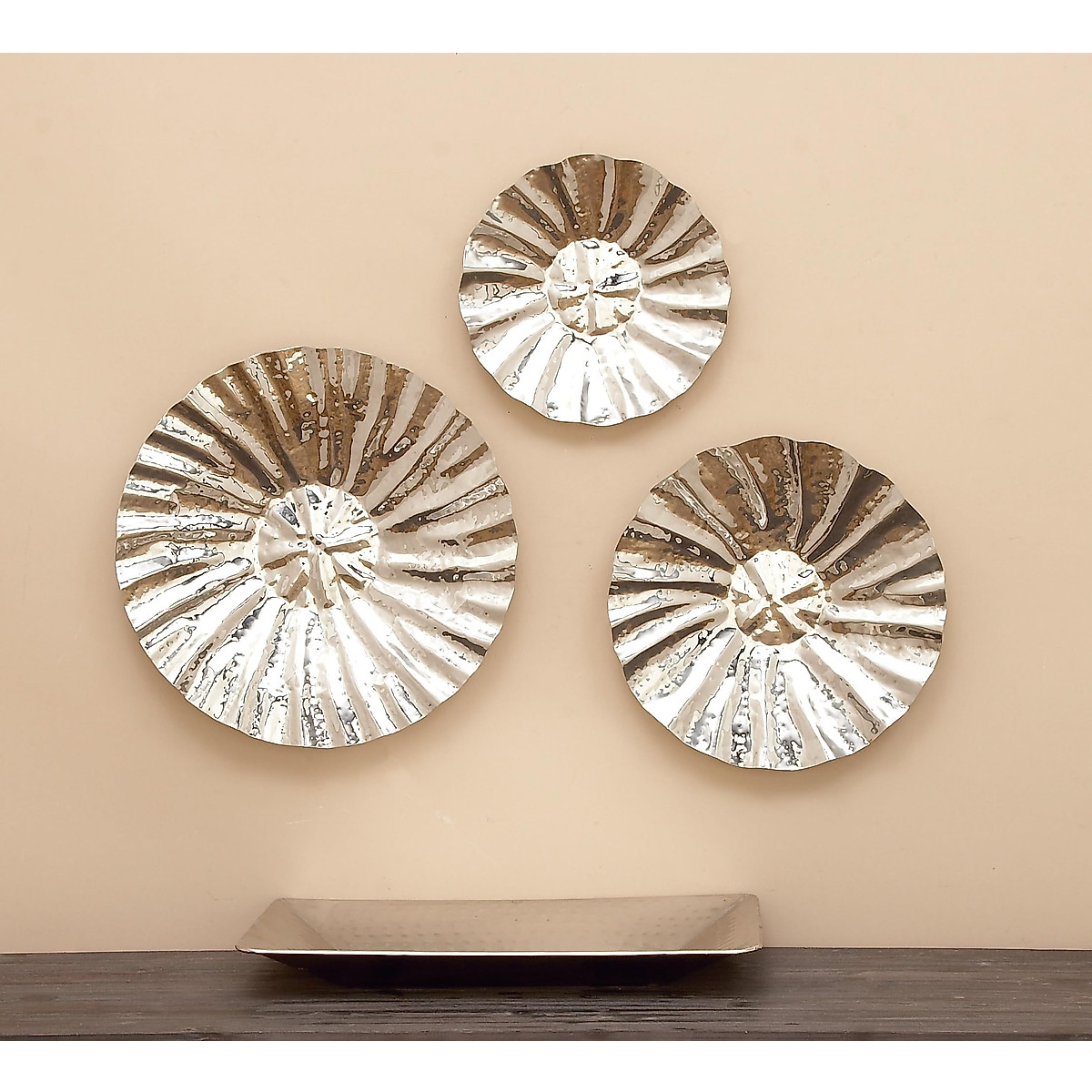 Deco 79 Stainless Steel Plate Wall Decor with Hammered Designs, Set of 3 17", 14", 11"W, Silver